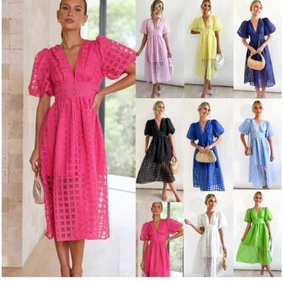 Dresses | Square Patterned Fabric Puff Sleeve Dress | Poshmark